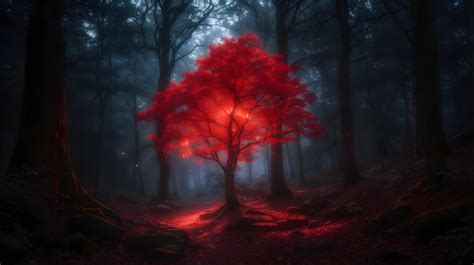 Premium Photo Glowing Red Tree In A Dark Forest