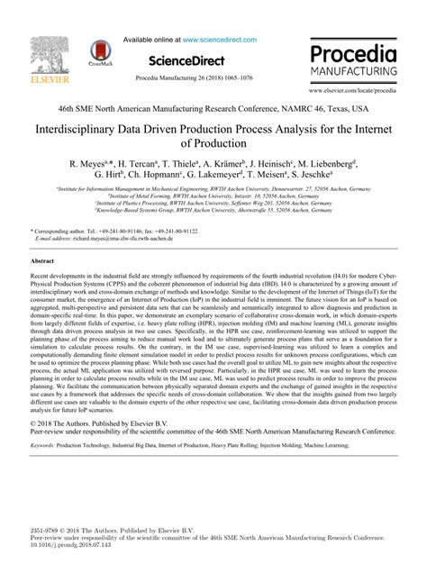 Pdf Interdisciplinary Data Driven Production Process Analysis For The Internet Of Production