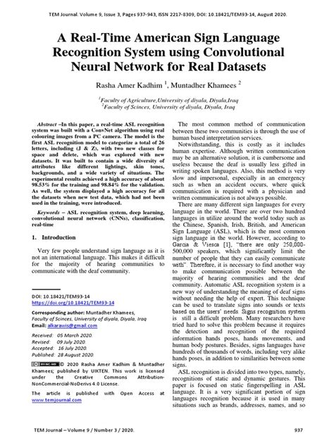 A Real Time American Sign Language Pdf Deep Learning Artificial Intelligence