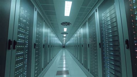 Modern Data Center Corridor With Rows Of Server Racks Illuminated By Overhead Lighting Stock