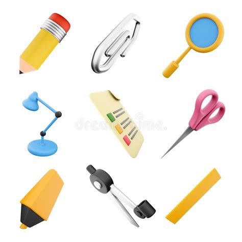 3d Rendering Pencil Paper Clip Blue Lamp Exam Paper Yellow Marker