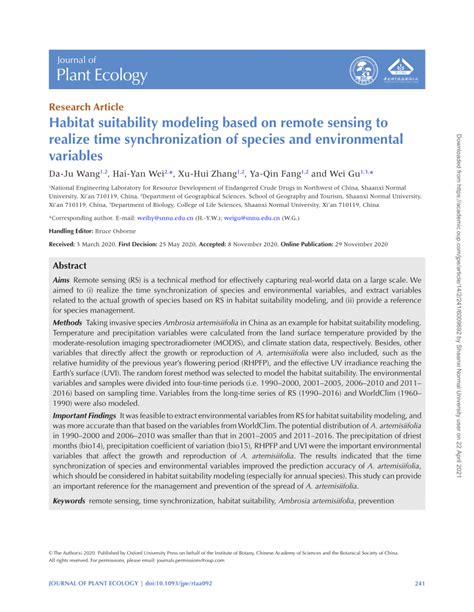 Pdf Habitat Suitability Modeling Based On Remote Sensing To Realize