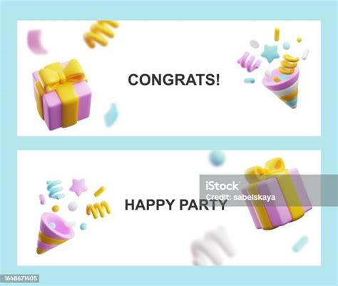 파티와 축하 배너 또는 전단지는 3d 렌더링 벡터 일러스트레이션을 설정합니다 3차원 형태에 대한 스톡 벡터 아트 및 기타 이미지 3차원 형태 개체 그룹 경례 Istock