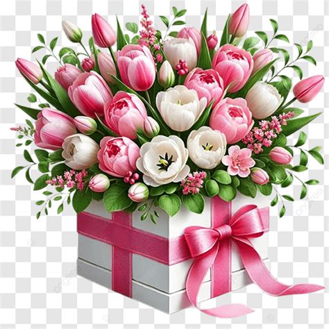 리본 묶인 선물 상자에 아름다운 분홍색과 흰색 튤립 분홍색과 흰색 튤립 발렌타인 선물 상자 아름다운 꽃들 Png 일러스트