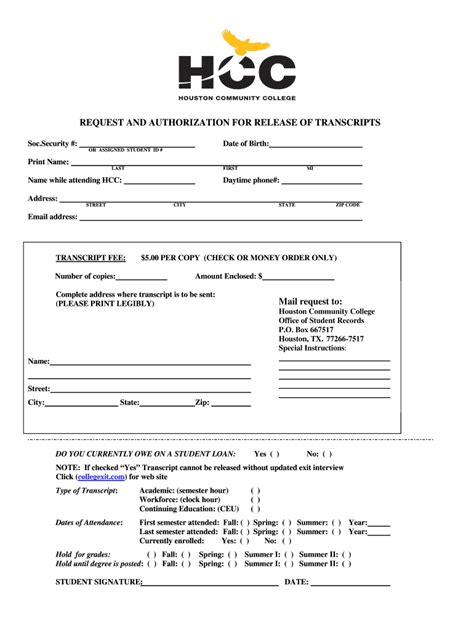 Houston Community College Transcript Release Request Form Fill Online