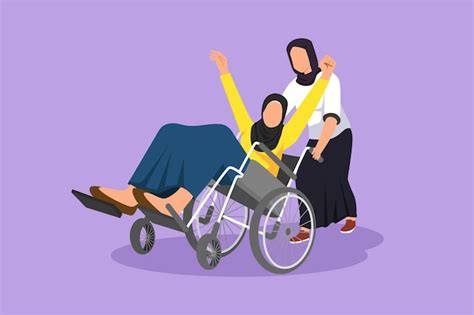 그래픽 플랫 디자인 그리기 젊고 아름다운 아랍 여성 자원봉사자는 공원에서 휠체어를 타고 있는 장애인 노인 여성을 돕습니다 가족