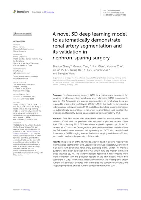 PDF A Novel D Deep Learning Model To Automatically Demonstrate Renal Artery Segmentation And