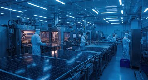 Workers Assemble Solar Panels In A Modern Manufacturing Facility For