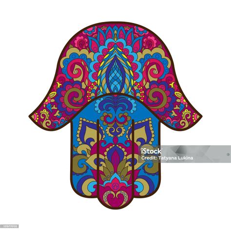 전통적인 동부 또는 인도 신성한 부적 종교적 상징 함사 미리암의 손 다윗의 손바닥 로쉬 하샤나 하누카 샤나 토브 장식 흰색 배경에서 격리된 벡터 그림 0명에 대한 스톡 벡터