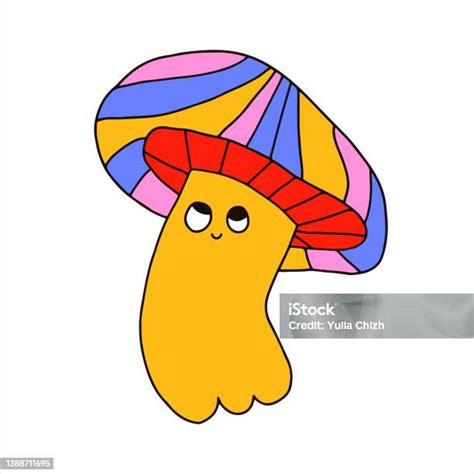 벡터 캐릭터 얼굴이있는 복고풍 버섯 환각 아이 코어 70 및 80 년대 유기농 회사 꽃집 정원 농장을 위한 로고 문신 템플릿 기발한 고립 된 곰팡이 로고 타입 스티커 유치한