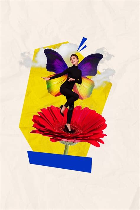 Vertical Collage Image Of Excited Mini Girl Butterfly Wings Dancing
