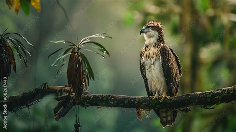 Philippine Eagle Perched On A Tree Branch Detailed Feathers And