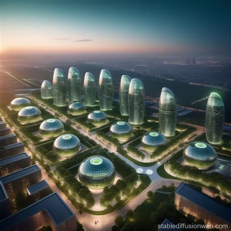 smart city aerial dawn view interconnected structures with green