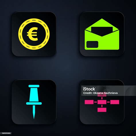 비즈니스 계층 구조 오가노그램 차트 인포그래픽 유로 기호가 있는 동전 화폐 푸시 핀 및 봉투를 설정합니다 검은색 사각형