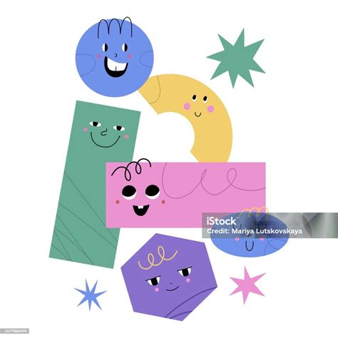 추상 기하학적 문자 구성 귀여운 얼굴을 가진 기본 인물 재미있는 그래픽 이모티콘 현대 유치한 인쇄 포스터 또는 배너 격리된 그림 개체입니다 벡터 만화 낙서 그림 기하 도형에