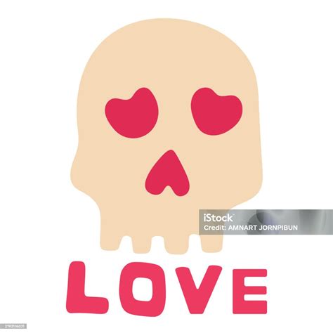 빨간 하트 눈과 아래의 Love라는 단어를 가진 장난기 넘치는 두개골 디자인은 애정과 로맨스를 상징하며 발렌타인 데이를 위해 귀여운 벡터 스타일로 디자인되었습니다 개념에