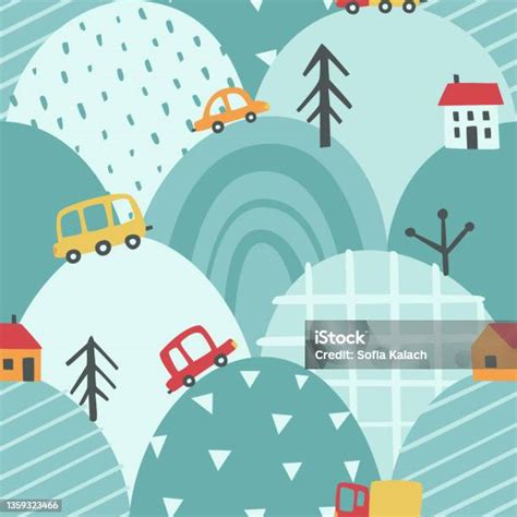 귀여운 자동차 언덕 집 스칸디나비아 아기 패턴 직물 섬유 포장지 의류 보육을위한 매끄러운 벡터 추상적 인 유치한 인쇄물 산에 대한 스톡 벡터 아트 및 기타 이미지 Istock
