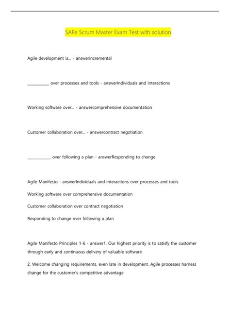 Safe Scrum Master Exam Test Questions With Complete Solutions Graded A