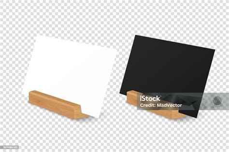 벡터 3d 현실적인 흰색과 검은 색 수평 A4 A5 빈 종이 시트 나무 홀더에 카드 스탠드 모형 메뉴 프레임 소책자에 대한 디자인 템플릿입니다 아크릴 텐트 카드 반 회전