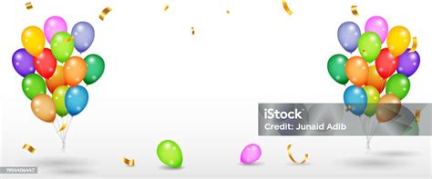 화려한 풍선 배경과 축하 파티 배너입니다 파티 전단지를 위해 날아가는 생일 풍선 그랜드 오프닝 카드 호화 인사말 리치 판매 벡터 일러스트 레이 션입니다 검은색에 대한 스톡