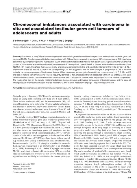 Pdf Chromosomal Imbalances Associated With Carcinoma In Situ And Associated Testicular Germ