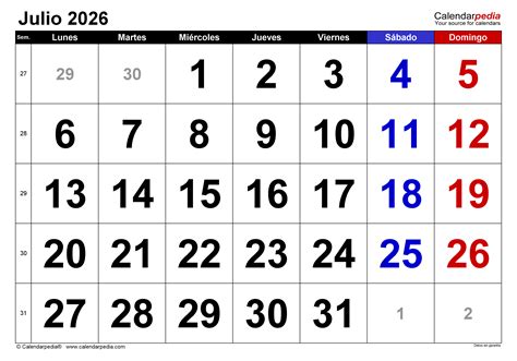 Calendario Julio 2026 En Pdf Excel Y Word Calendarpedia