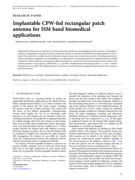 Pdf Implantable Cpw Fed Rectangular Patch Antenna For Ism Band Biomedical Applications