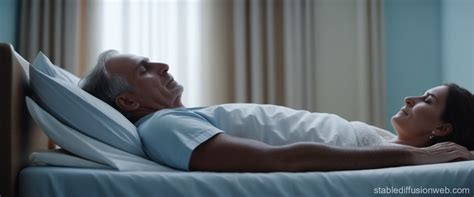 Hospital Bed With A Dying Man Lying On It While His Wife Holds His Hand