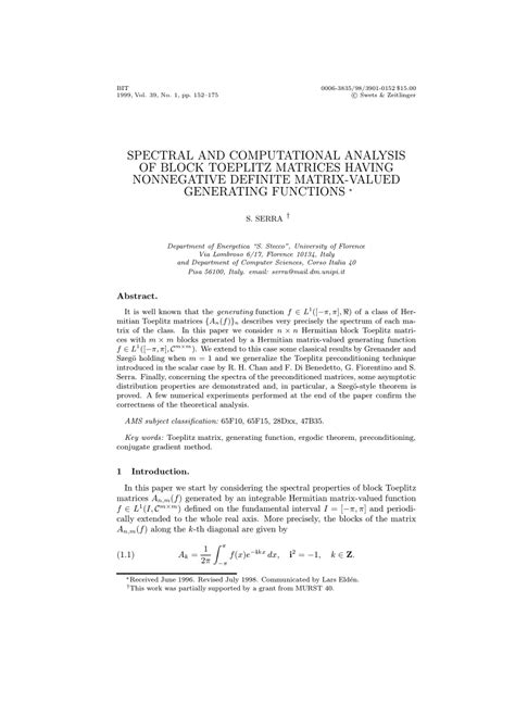 Pdf Spectral And Computational Analysis Of Block Toeplitz Matrices
