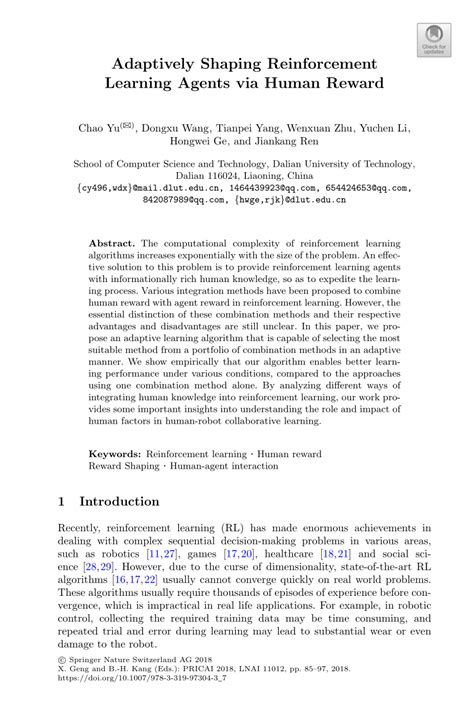 Pdf Adaptively Shaping Reinforcement Learning Agents Via Human Reward 15th Pacific Rim