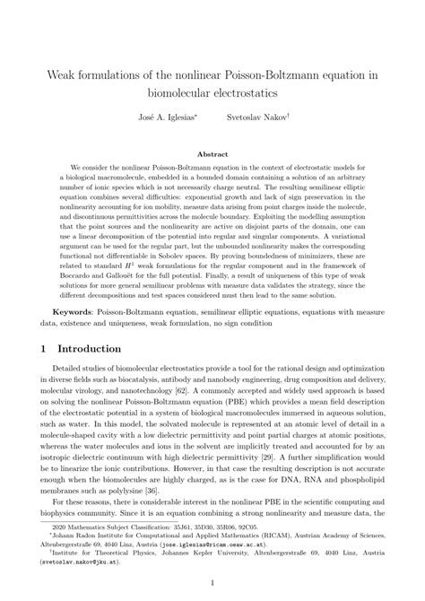 Pdf Weak Formulations Of The Nonlinear Poisson Boltzmann Equation In Biomolecular Electrostatics