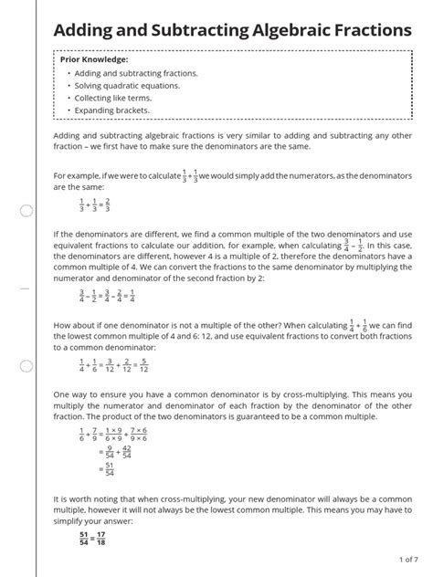Adding And Subtracting Algebraic Fractions Ks4 Walkthrough Worksheet Pdf Mathematical