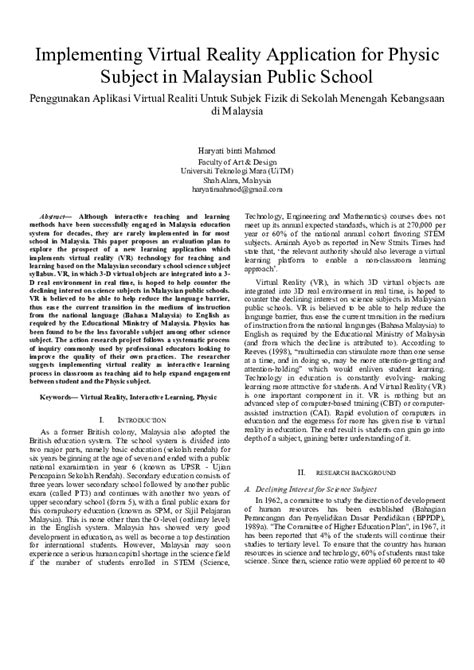 Pdf Implementing Virtual Reality Application For Physic Subject In Malaysian Public School