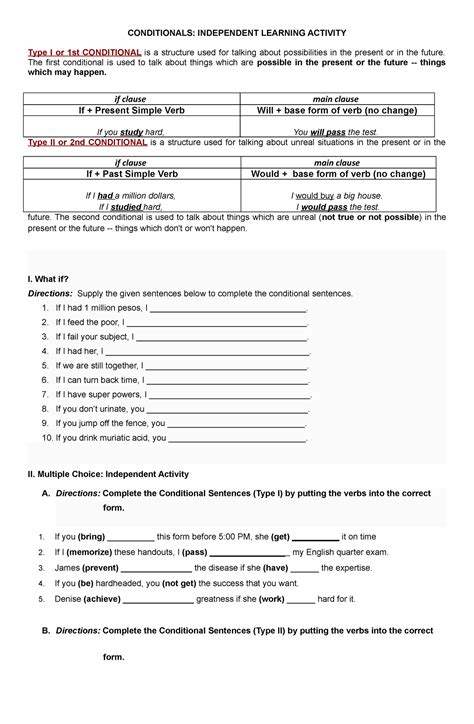 Conditional Statement Test Conditionals Independent Learning Activity Type I Or 1st