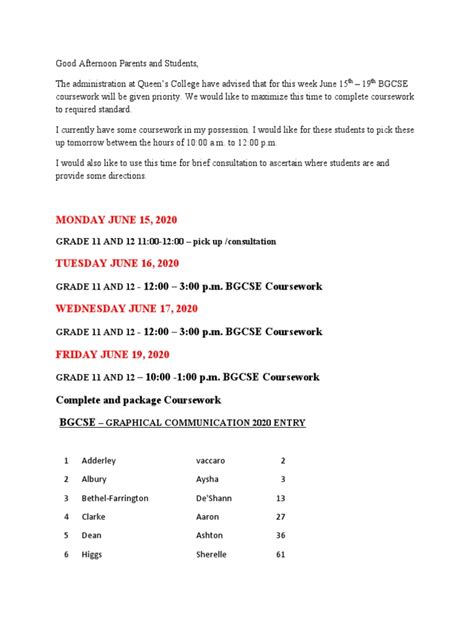 Bgcse Coursework Shedule 2020 Pdf