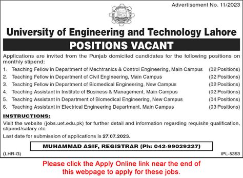 Uet Lahore Jobs July 2023 Online Application Form Teaching Fellows And Assistants Latest In Lahore