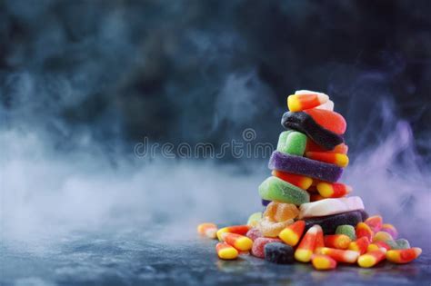 Colorful Candy Corn And Assorted Gummies In Misty Mysterious Ambiance Stock Image Image Of