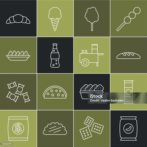 세트 라인 가방 또는 패킷 감자 칩 초콜릿 바 빵 덩어리 솜사탕 물 한 병 접시에 담긴 나초 크로와상 및 패스트 스트리트 푸드 카트 아이콘 벡터 0명에 대한 스톡 벡터 아트