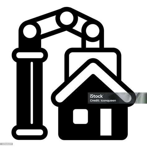 조립 된 집과 크레인 솔리드 아이콘 건설 개념 벡터 그래픽입니다 흰색 배경에 3d 인쇄 된 코티지 건물 표지판 스타일 모바일 또는 디자인 개발에 대한 스톡 벡터 아트 및