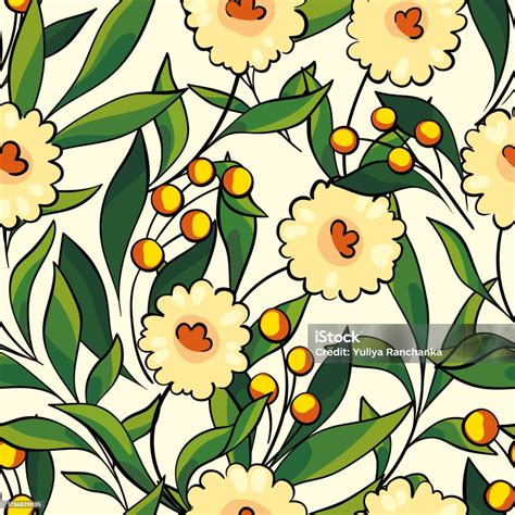 봄 초원 귀여운 야생화 녹색 잎 추상적인 배열의 가지가 있는 매끄러운 꽃 패턴 벡터 그림입니다 0명에 대한 스톡 벡터 아트 및 기타 이미지 Istock