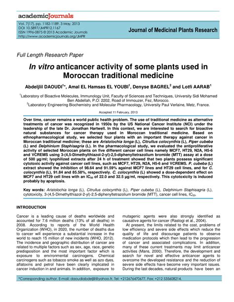 Pdf Journal Of Medicinal Plants Research In Vitro Anticancer Activity