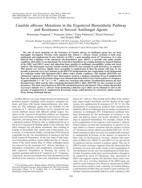 Pdf Candida Albicans Mutations In The Ergosterol Biosynthetic Pathway And Resistance To