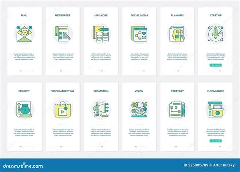 Social Media Advertising Business Strategy Ux Ui Onboarding Mobile App Page Screen Set Stock