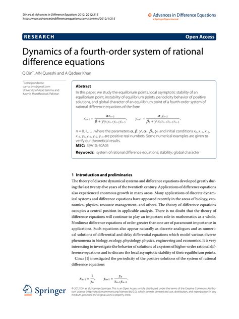 Pdf Dynamics Of A Fourth Order System Of Rational Difference Equations