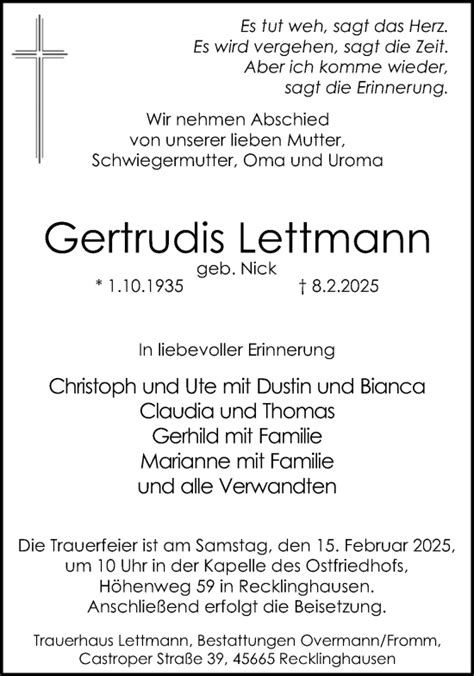 Traueranzeigen Von Gertrudis Lettmann Sich Erinnernde