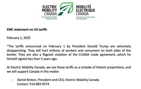 Electric Mobility Canada On Linkedin Emcs Statement On Us Tariffs