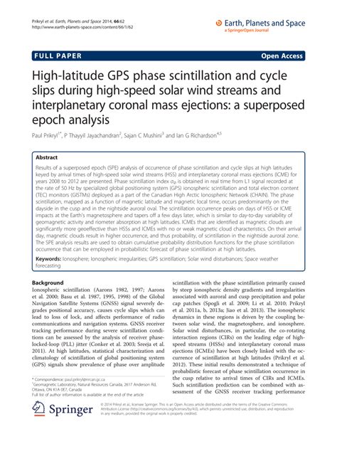 Pdf High Latitude Gps Phase Scintillation And Cycle Slips During High Speed Solar Wind Streams