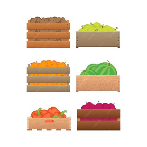 Premium Vector Cartoon Color Crates Fresh Fruits And Vegetables Sign Icon Set Vector