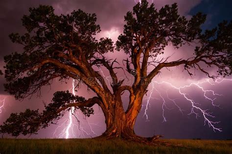 Tree Struck By Lightning In Violent Thunder Storm Stock Illustration