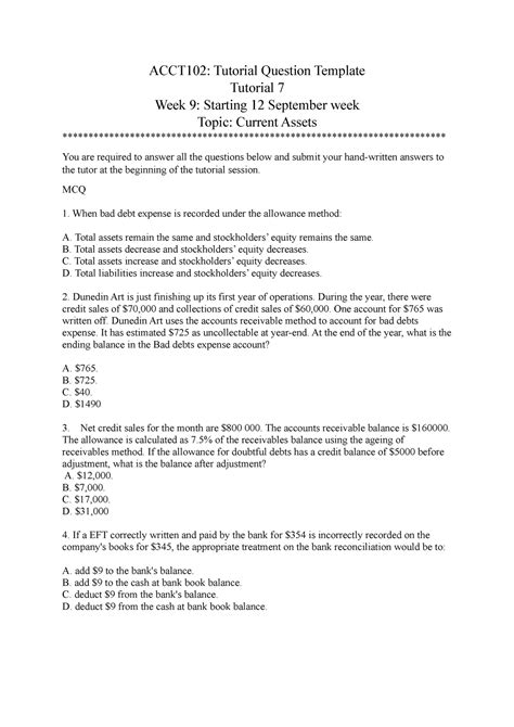 Week 9 Tutorial 7 Template Acct102 Tutorial Question Template